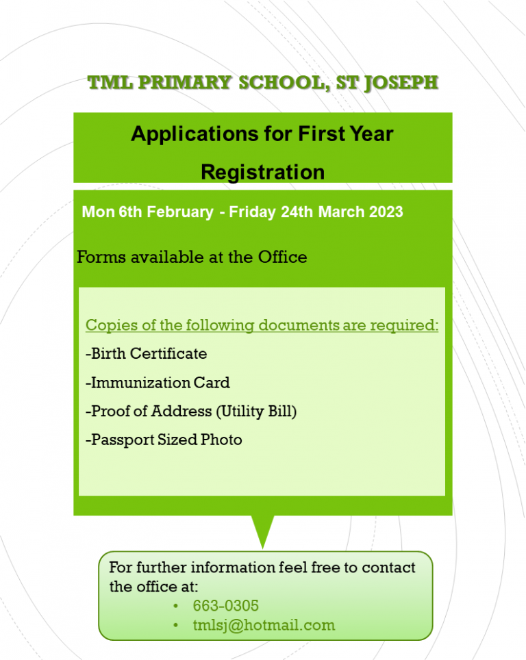 First Year registration 2023 – TML Primary School, St. Joseph